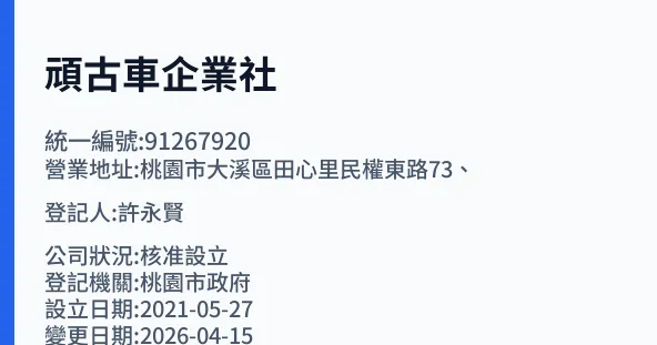 頑古車企業社的照片-統編 91267920(桃園市) 公司登記資料與營業項目詳細圖表