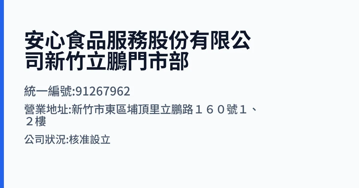 安心食品服務股份有限公司新竹立鵬門市部 - 統編 91267962(新竹市) 公司登記資料與營業項目詳細圖表