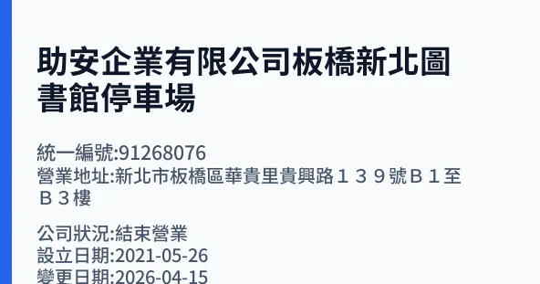 助安企業有限公司板橋新北圖書館停車場的照片-統編 91268076(新北市) 公司登記資料與營業項目詳細圖表