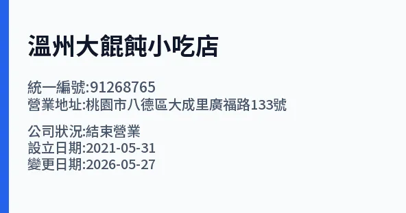 溫州大餛飩小吃店的照片-統編 91268765(桃園市) 公司登記資料與營業項目詳細圖表