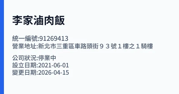 李家滷肉飯的照片-統編 91269413(新北市) 公司登記資料與營業項目詳細圖表