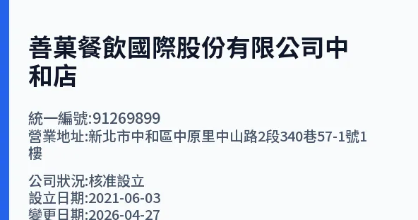 善菓餐飲國際股份有限公司中和店的照片-統編 91269899(新北市) 公司登記資料與營業項目詳細圖表