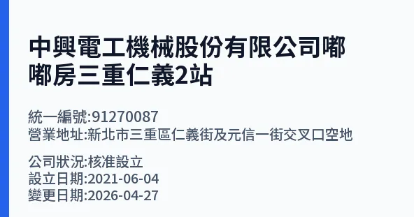 中興電工機械股份有限公司嘟嘟房三重仁義2站的照片-統編 91270087(新北市) 公司登記資料與營業項目詳細圖表