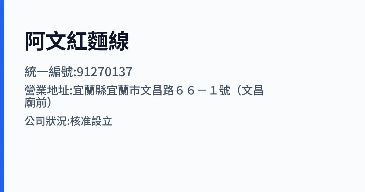 阿文紅麵線 - 統編 91270137(宜蘭縣) 公司登記資料與營業項目詳細圖表