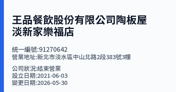 王品餐飲股份有限公司陶板屋淡新家樂福店的照片-統編 91270642(新北市) 公司登記資料與營業項目詳細圖表