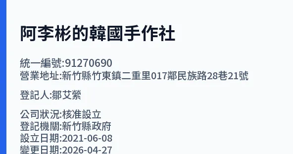 阿李彬的韓國手作社的照片-統編 91270690(新竹縣) 公司登記資料與營業項目詳細圖表