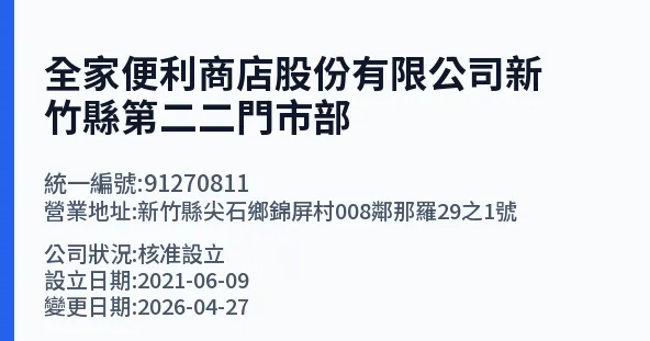 全家便利商店股份有限公司新竹縣第二二門市部的照片-統編 91270811(新竹縣) 公司登記資料與營業項目詳細圖表