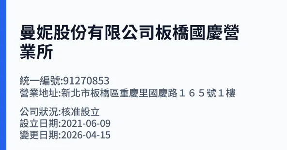 曼妮股份有限公司板橋國慶營業所的照片-統編 91270853(新北市) 公司登記資料與營業項目詳細圖表