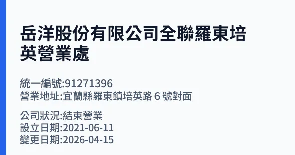 岳洋股份有限公司全聯羅東培英營業處的照片-統編 91271396(宜蘭縣) 公司登記資料與營業項目詳細圖表