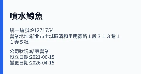 噴水鯨魚的照片-統編 91271754(新北市) 公司登記資料與營業項目詳細圖表