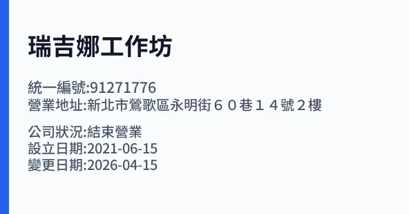 瑞吉娜工作坊的照片-統編 91271776(新北市) 公司登記資料與營業項目詳細圖表