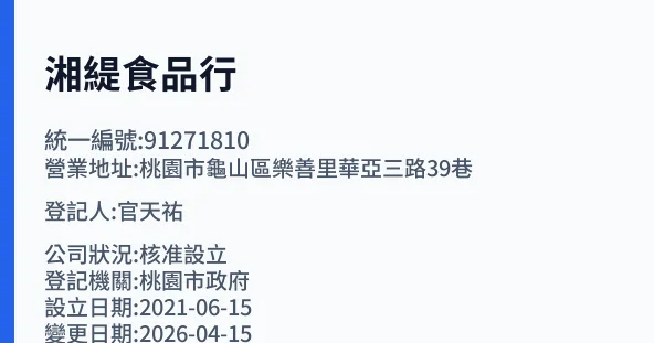 湘緹食品行的照片-統編 91271810(桃園市) 公司登記資料與營業項目詳細圖表