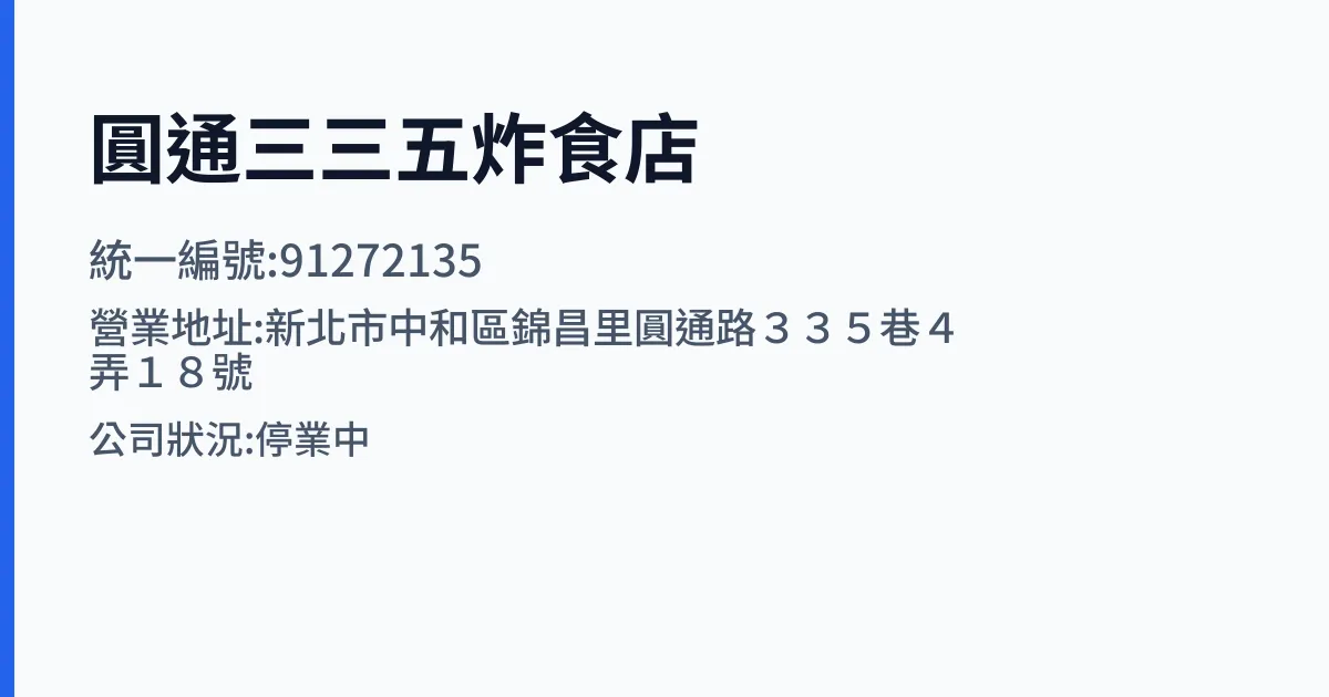 圓通三三五炸食店 - 統編 91272135(新北市) 公司登記資料與營業項目詳細圖表