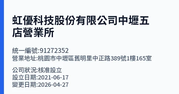 虹優科技股份有限公司中壢五店營業所的照片-統編 91272352(桃園市) 公司登記資料與營業項目詳細圖表