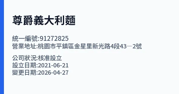 尊爵義大利麵的照片-統編 91272825(桃園市) 公司登記資料與營業項目詳細圖表