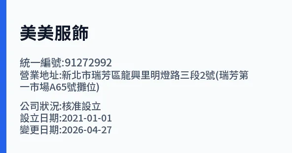 美美服飾的照片-統編 91272992(新北市) 公司登記資料與營業項目詳細圖表