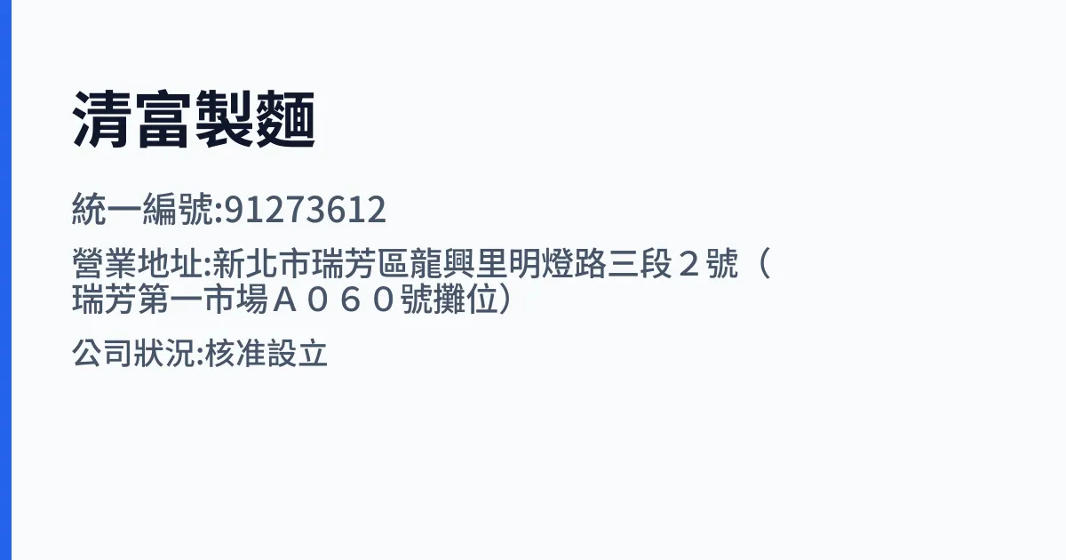 清富製麵 - 統編 91273612(新北市) 公司登記資料與營業項目詳細圖表