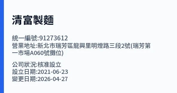 清富製麵的照片-統編 91273612(新北市) 公司登記資料與營業項目詳細圖表