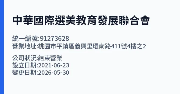 中華國際選美教育發展聯合會的照片-統編 91273628(桃園市) 公司登記資料與營業項目詳細圖表