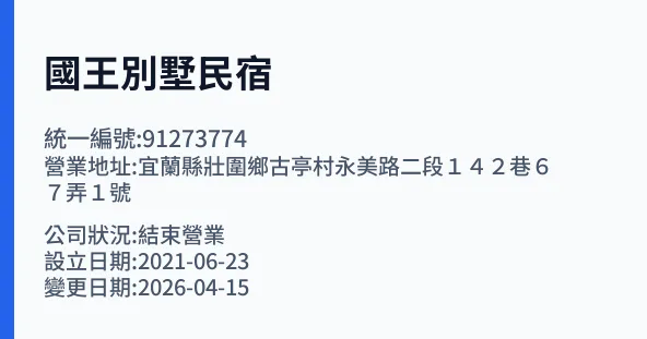 國王別墅民宿的照片-統編 91273774(宜蘭縣) 公司登記資料與營業項目詳細圖表