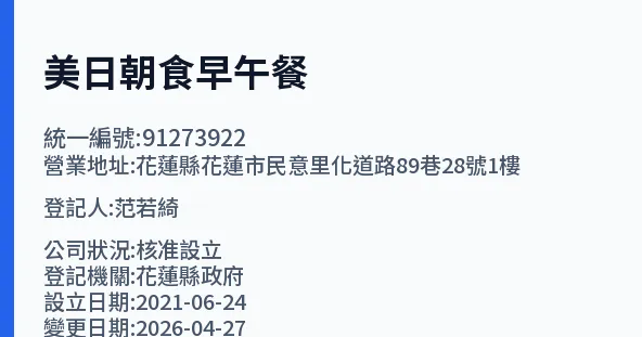 美日朝食早午餐的照片-統編 91273922(花蓮縣) 公司登記資料與營業項目詳細圖表