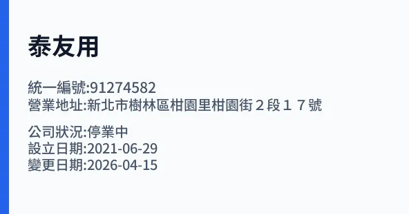 泰友用的照片-統編 91274582(新北市) 公司登記資料與營業項目詳細圖表