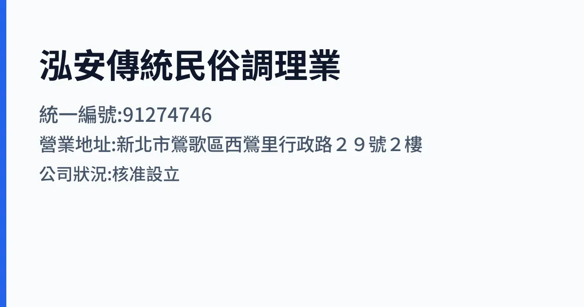 泓安傳統民俗調理業 - 統編 91274746(新北市) 公司登記資料與營業項目詳細圖表