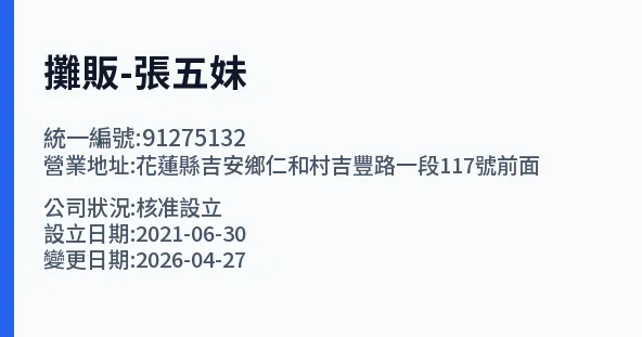 攤販-張五妹的照片-統編 91275132(花蓮縣) 公司登記資料與營業項目詳細圖表