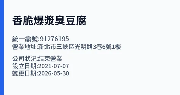 香脆爆漿臭豆腐的照片-統編 91276195(新北市) 公司登記資料與營業項目詳細圖表