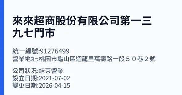 來來超商股份有限公司第一三九七門市的照片-統編 91276499(桃園市) 公司登記資料與營業項目詳細圖表