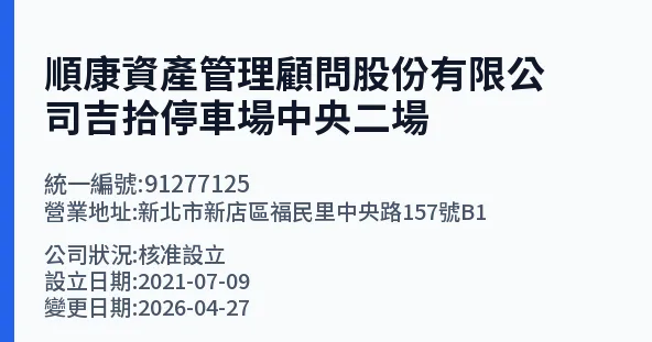 順康資產管理顧問股份有限公司吉拾停車場中央二場的照片-統編 91277125(新北市) 公司登記資料與營業項目詳細圖表