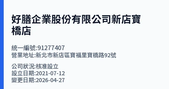 好膳企業股份有限公司新店寶橋店的照片-統編 91277407(新北市) 公司登記資料與營業項目詳細圖表