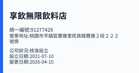 享飲無限飲料店的照片-統編 91277429(桃園市) 公司登記資料與營業項目詳細圖表