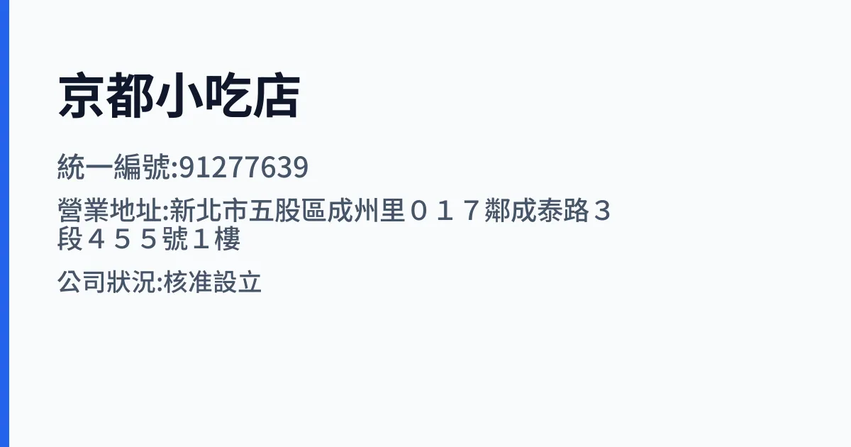京都小吃店 - 統編 91277639(新北市) 公司登記資料與營業項目詳細圖表