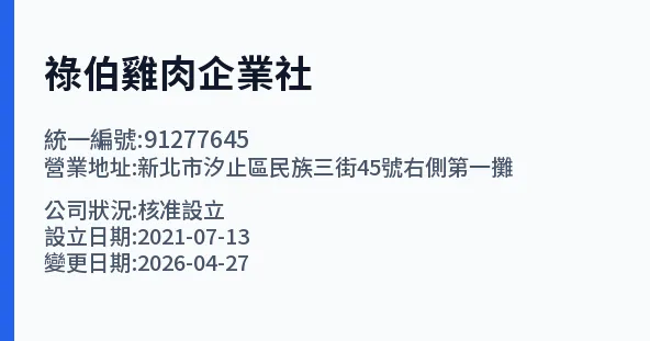 祿伯雞肉企業社的照片-統編 91277645(新北市) 公司登記資料與營業項目詳細圖表