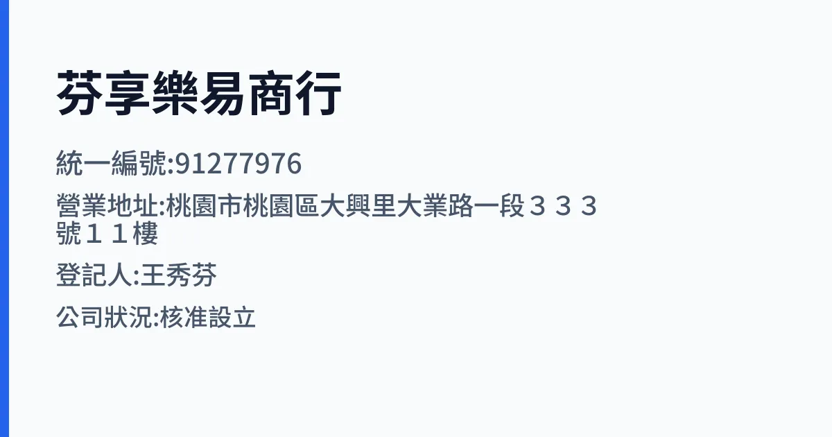 芬享樂易商行 - 統編 91277976(桃園市) 公司登記資料與營業項目詳細圖表