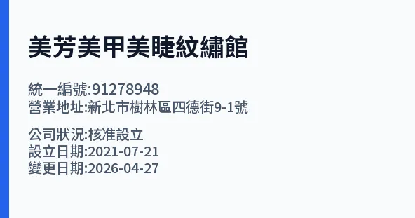 美芳美甲美睫紋繡館的照片-統編 91278948(新北市) 公司登記資料與營業項目詳細圖表