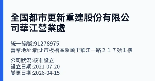 全國都市更新重建股份有限公司華江營業處的照片-統編 91278975(新北市) 公司登記資料與營業項目詳細圖表