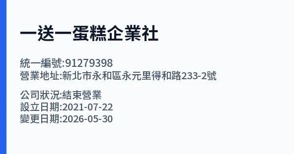 一送一蛋糕企業社的照片-統編 91279398(新北市) 公司登記資料與營業項目詳細圖表