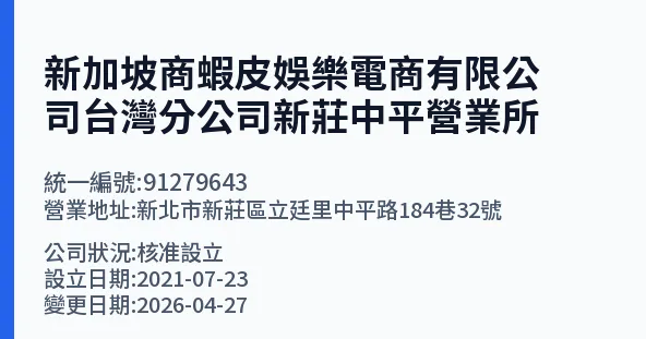 新加坡商蝦皮娛樂電商有限公司台灣分公司新莊中平營業所的照片-統編 91279643(新北市) 公司登記資料與營業項目詳細圖表