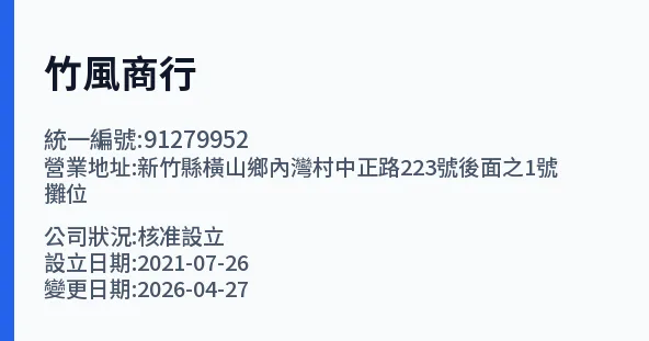 竹風商行的照片-統編 91279952(新竹縣) 公司登記資料與營業項目詳細圖表