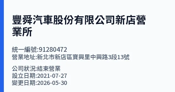 豐舜汽車股份有限公司新店營業所的照片-統編 91280472(新北市) 公司登記資料與營業項目詳細圖表