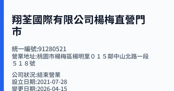 翔荃國際有限公司楊梅直營門市的照片-統編 91280521(桃園市) 公司登記資料與營業項目詳細圖表