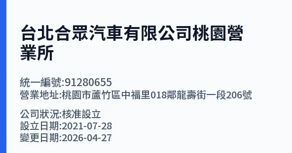 台北合眾汽車有限公司桃園營業所的照片-統編 91280655(桃園市) 公司登記資料與營業項目詳細圖表