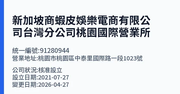 新加坡商蝦皮娛樂電商有限公司台灣分公司桃園國際營業所的照片-統編 91280944(桃園市) 公司登記資料與營業項目詳細圖表
