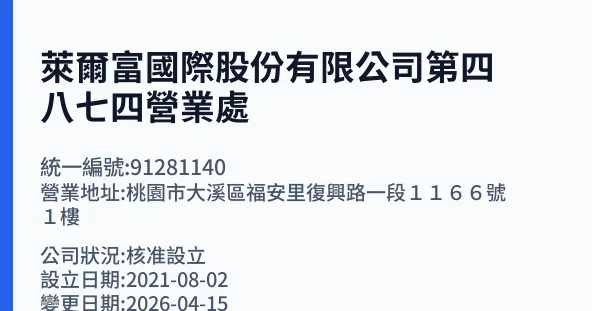萊爾富國際股份有限公司第四八七四營業處的照片-統編 91281140(桃園市) 公司登記資料與營業項目詳細圖表