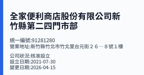 全家便利商店股份有限公司新竹縣第二四門市部的照片-統編 91281280(新竹縣) 公司登記資料與營業項目詳細圖表