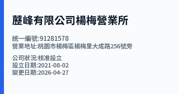 藶峰有限公司楊梅營業所的照片-統編 91281578(桃園市) 公司登記資料與營業項目詳細圖表