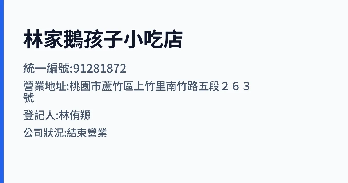 林家鵝孩子小吃店 - 統編 91281872(桃園市) 公司登記資料與營業項目詳細圖表