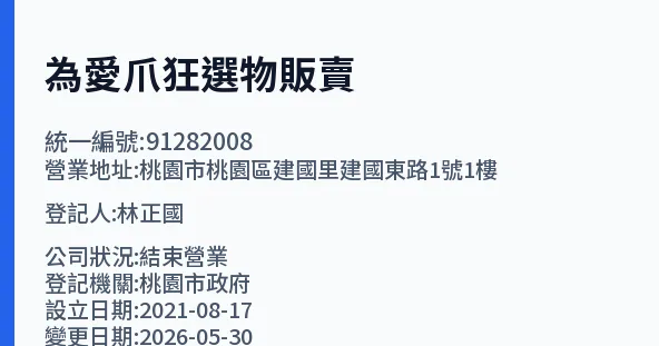 為愛爪狂選物販賣的照片-統編 91282008(桃園市) 公司登記資料與營業項目詳細圖表